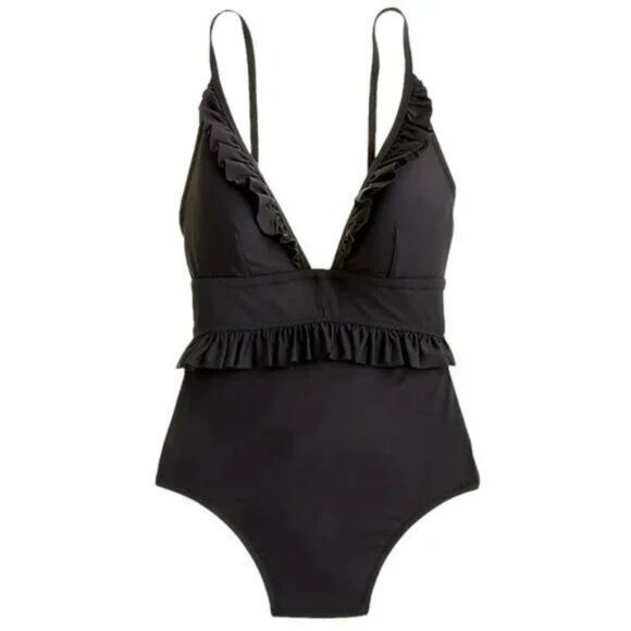 J. Crew | Swim | Nwt J Crew Reimagined Black Ruffle Plunge Deepv One ...